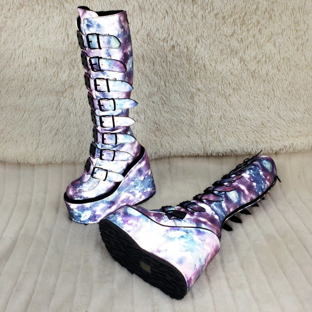 Swing Reflective Cosmic Goth Platform Knee Boots - Gem